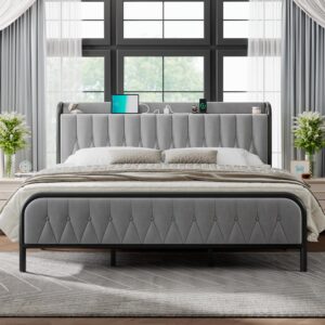 feonase velvet king szie bed frame with fast charging station,metal platform beds with upholstered headboard & footboard,12" underbed storage space, easy assembly,noise-free,matte gray