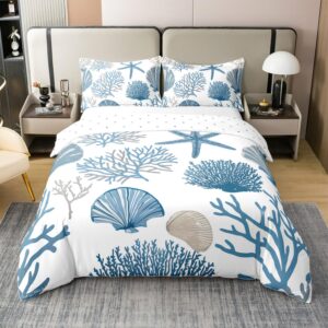 jejeloiu Boys Girls Abstract Bedding Set Twin Size, Ocean Duvet Cover Set 100% Cotton Beach Cotton Duvet Cover with 1 Pillow Case Kids Starfish Shell Teens Comforter Cover