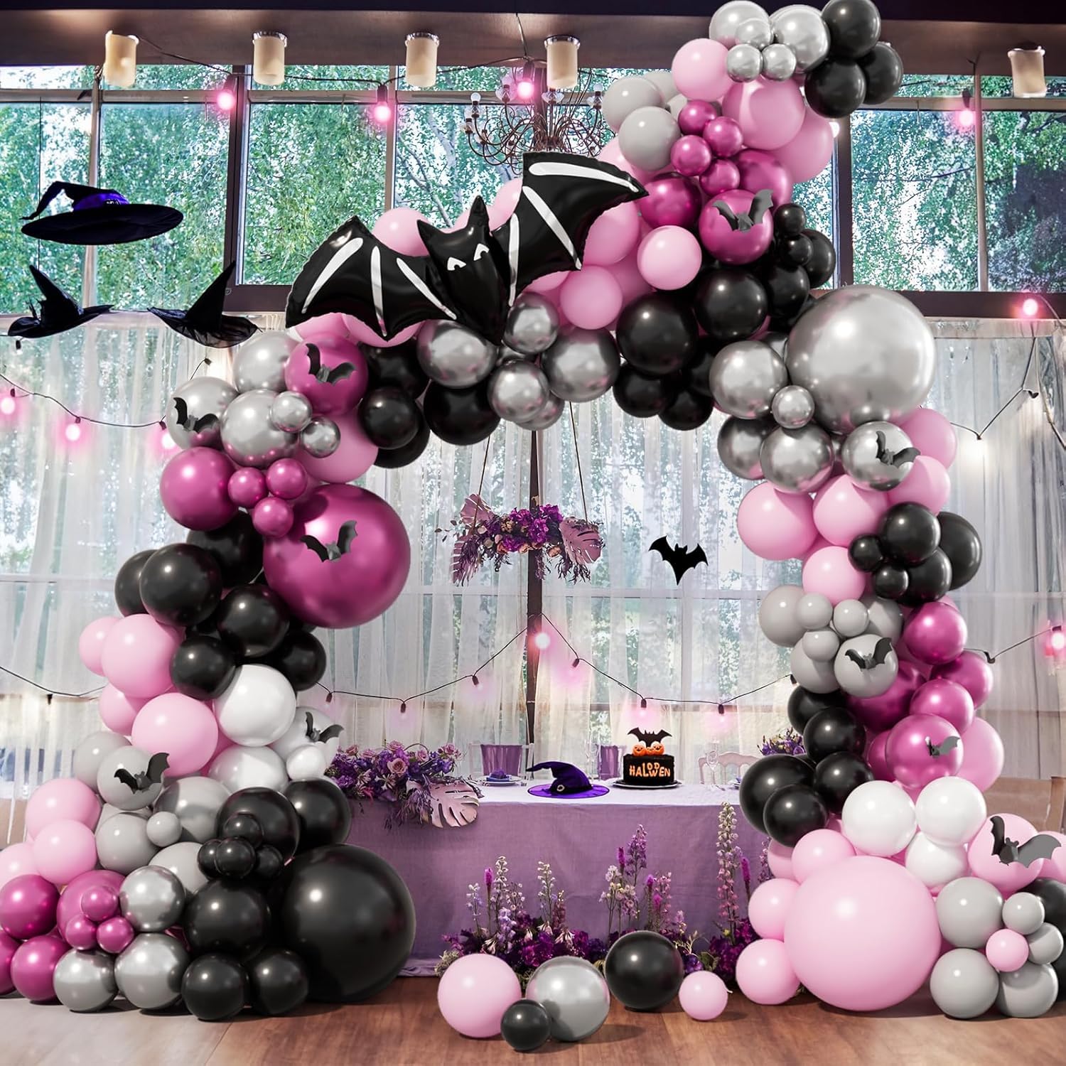 Bonropin 178pcs Pink Halloween Balloon Garland Arch Kit with Black Pink Silver Balloons Ghost Bat Foil Balloons 3D Bat Sticker for Girls Pink Halloween Decoration Birthday Baby Shower Party