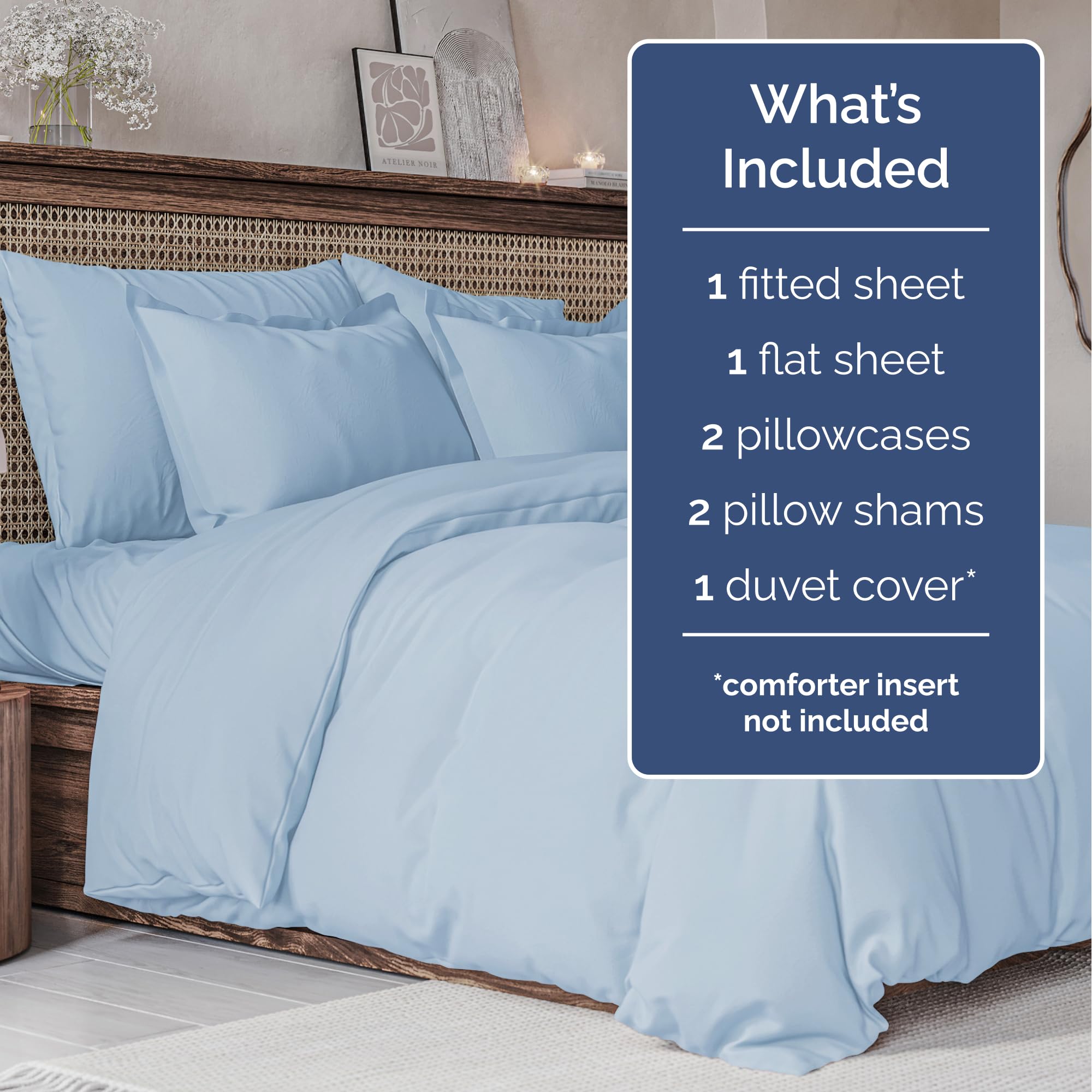 CGK Unlimited Sky Blue Sheet Set with Duvet (Queen Size) - Bed Set Includes Fitted Sheet, Flat Sheet, Duvet Cover & Pillow Cases/Shams - Bedding Set - Breathable Bed Duvet Set