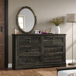 Furnihold Farmhouse 6 Drawers Dresser for Bedroom, Black Double Dresser, Wide Chest of Drawers for Bedroom, Living Room,Hallway