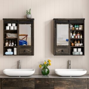 Bathroom Wall Cabinet, Farmhouse Medicine Cabinet with Sliding Mirror Door and Adjustable Shelves, Over The Toilet Space Saver Storage Cabinet with Towels Bar, Wall Mounted Cupboard