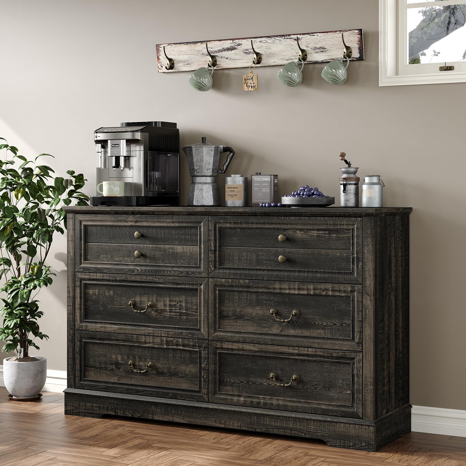 Furnihold Farmhouse 6 Drawers Dresser for Bedroom, Black Double Dresser, Wide Chest of Drawers for Bedroom, Living Room,Hallway