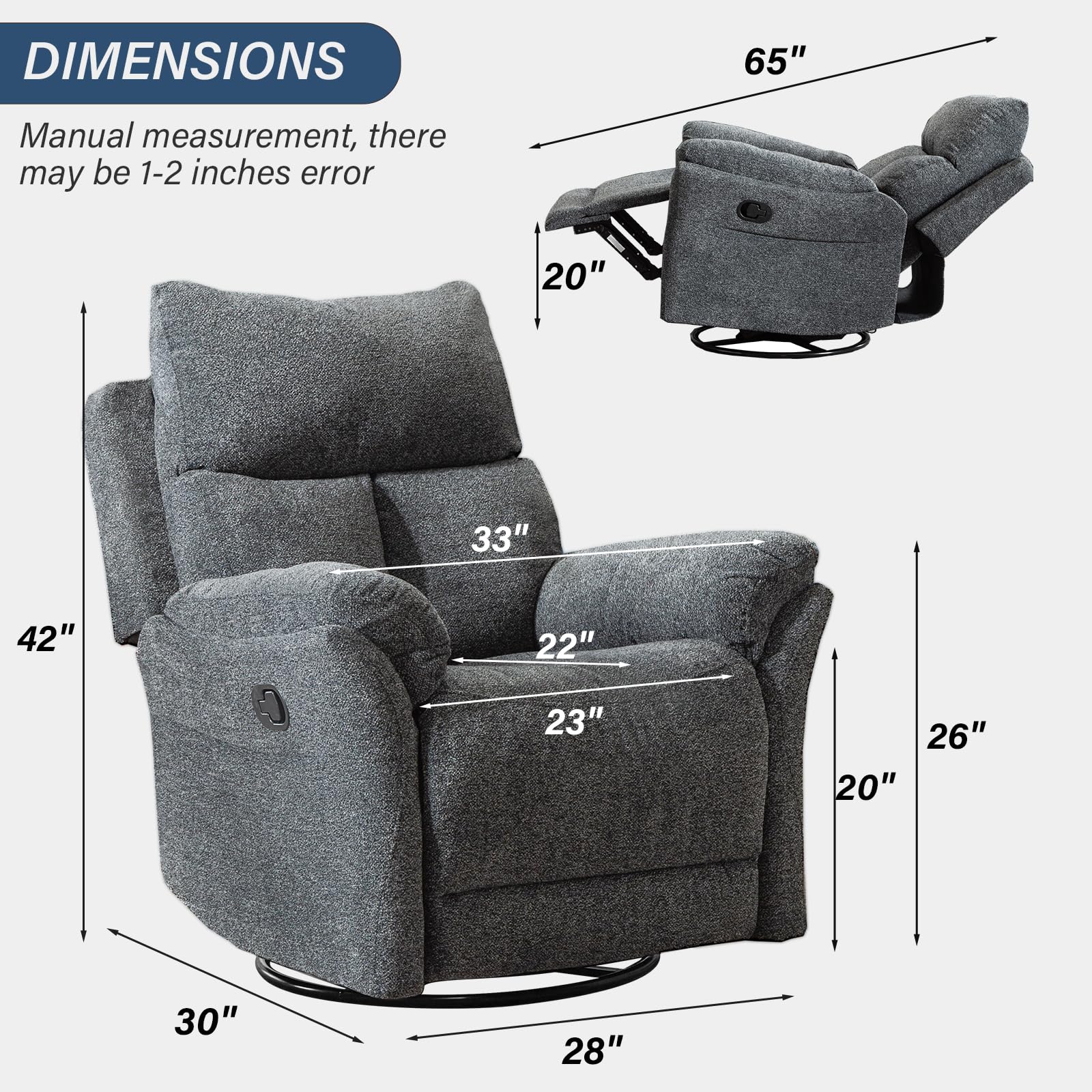 ANJ Swivel Rocker Recliner Chair Nursery, Manual Fabric Small Rocking Recliner, Modern Rocking Reclining Chairs for Living Room, Bedroom, Small Space (Gray)