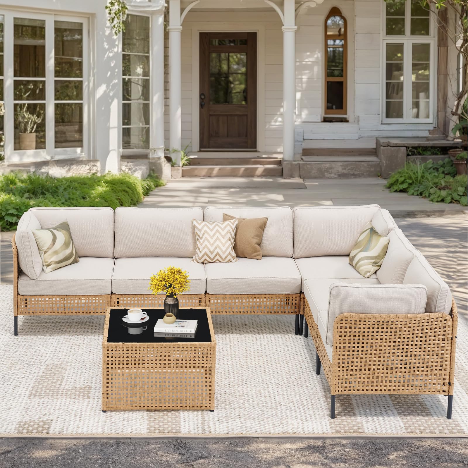 FEISHOMINOO 7 Piece Outdoor Patio Furniture Set, Oversize Outdoor Sectional Furniture, Rattan Chairs Glass Table Wicker Conversation Seating Sectional Sofa with Cushion Deep Seating for Porch