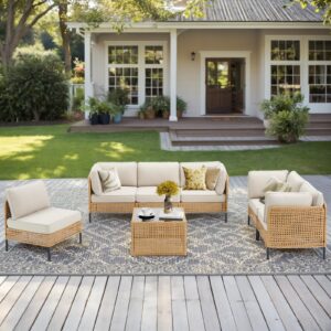 feishominoo 7 piece outdoor patio furniture set, oversize outdoor sectional furniture, rattan chairs glass table wicker conversation seating sectional sofa with cushion deep seating for porch