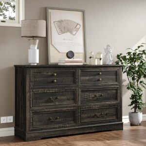 Furnihold Farmhouse 6 Drawers Dresser for Bedroom, Black Double Dresser, Wide Chest of Drawers for Bedroom, Living Room,Hallway