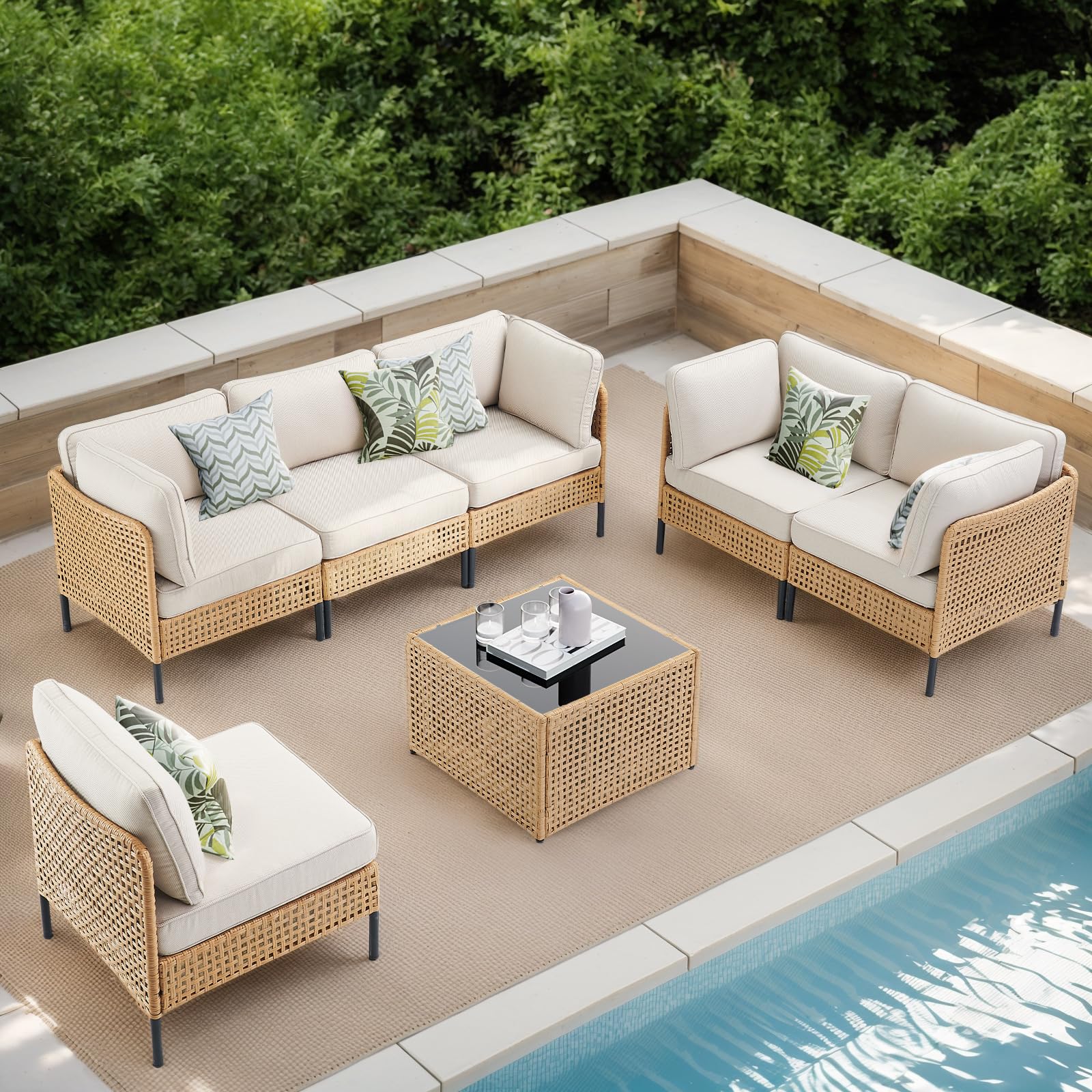 FEISHOMINOO 7 Piece Outdoor Patio Furniture Set, Oversize Outdoor Sectional Furniture, Rattan Chairs Glass Table Wicker Conversation Seating Sectional Sofa with Cushion Deep Seating for Porch