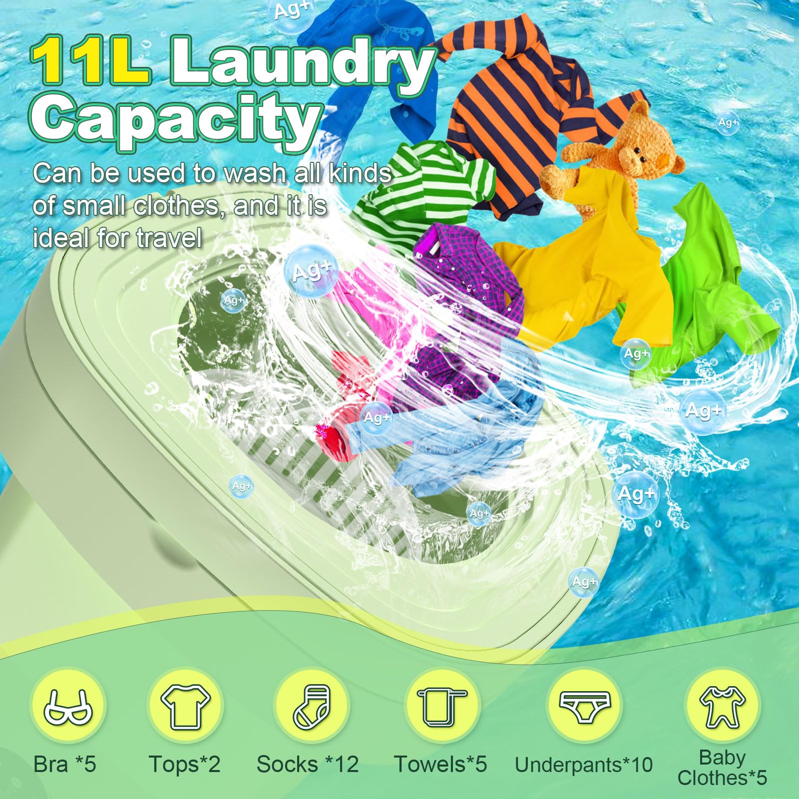 Portable Washing Machine, 11L Mini Washing Machine with 3 Cleaning Modes, Suitable for Baby Clothes, Underwear, Socks, Small Washing Machine Folding Design Suitable for Apartments, Camping & Travel