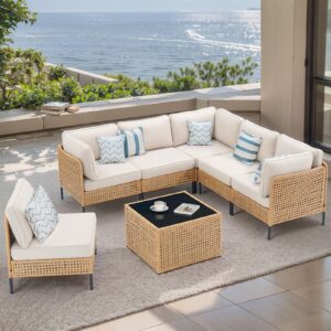 feishominoo 7 piece outdoor patio furniture set, oversize outdoor sectional furniture, rattan chairs glass table wicker conversation seating sectional sofa with cushion deep seating for porch