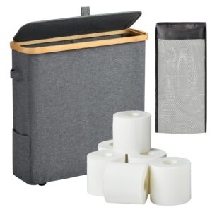 rewxxd toilet paper storage, toilet paper basket with lid and pockets, toilet paper holder, bamboo bathroom organizer, tampon storage(gray)