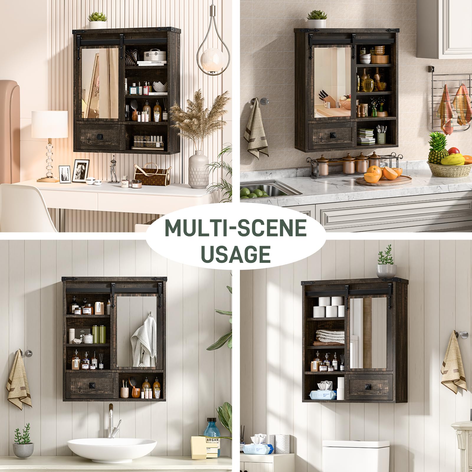 Bathroom Wall Cabinet, Farmhouse Medicine Cabinet with Sliding Mirror Door and Adjustable Shelves, Over The Toilet Space Saver Storage Cabinet with Towels Bar, Wall Mounted Cupboard