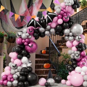 bonropin 178pcs pink halloween balloon garland arch kit with black pink silver balloons ghost bat foil balloons 3d bat sticker for girls pink halloween decoration birthday baby shower party