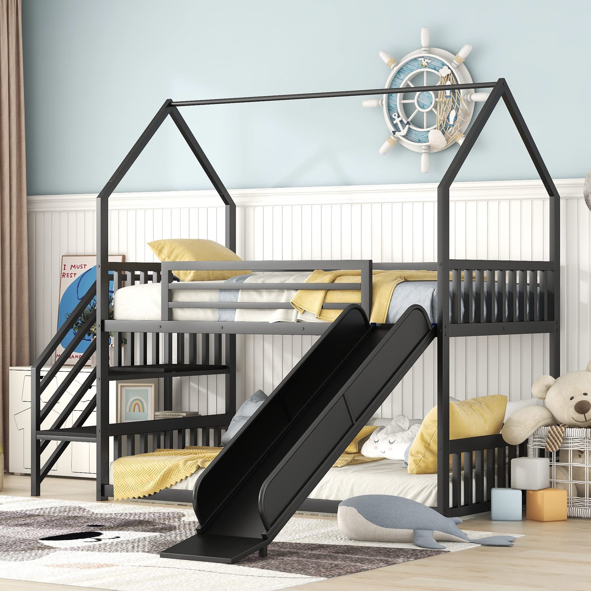 THINK 30 Metal House Bunk Bed, House Bed with Slide and Staircase, Twin Size, Black