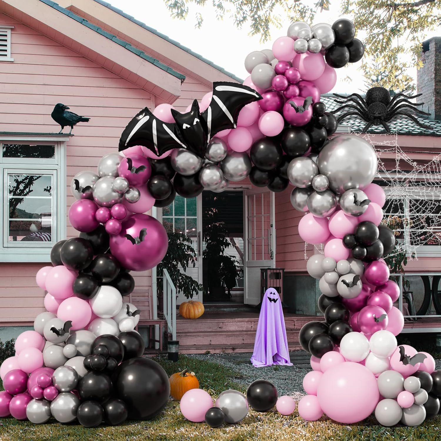 Bonropin 178pcs Pink Halloween Balloon Garland Arch Kit with Black Pink Silver Balloons Ghost Bat Foil Balloons 3D Bat Sticker for Girls Pink Halloween Decoration Birthday Baby Shower Party