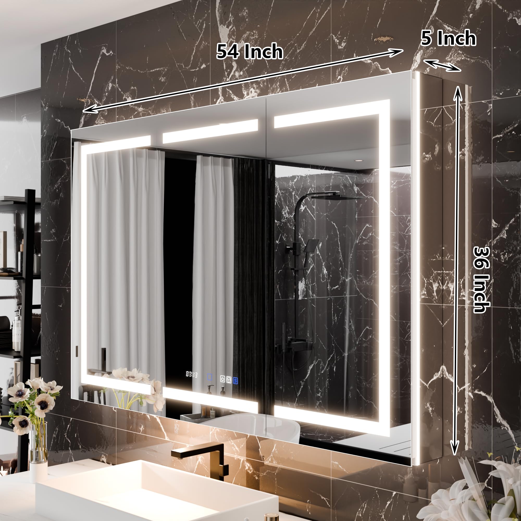 54×36 Inch Smart LED Medicine Cabinet with Mirror, Stepless Dimming & Anti-Fog, 10x Magnifier, Built-in High-Power Outlet, Night Light, Multifunctional Bathroom Storage