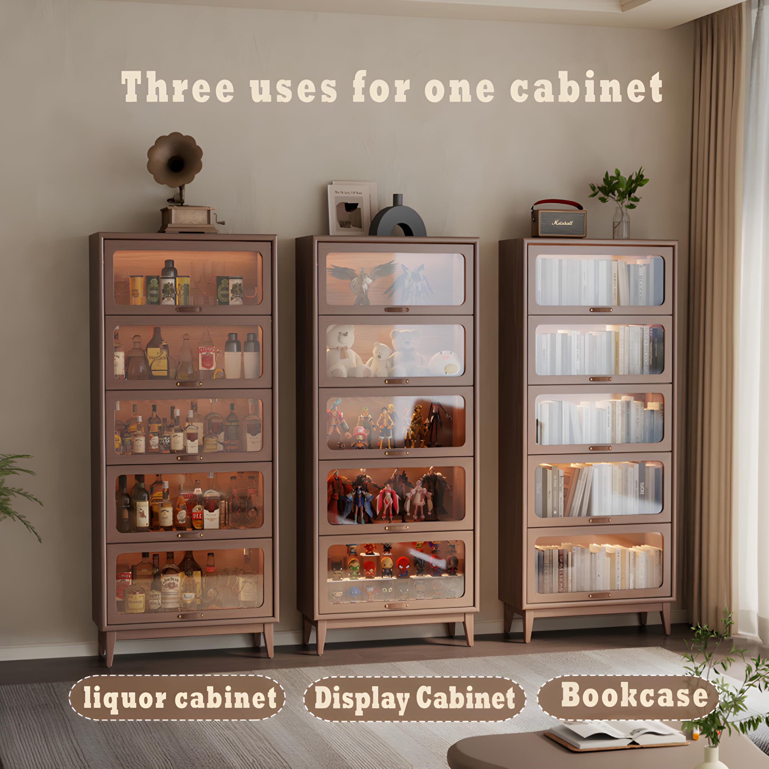 5 tier Wooden Bookcase with Tempered Glass Doors, 72Hx14Dx32w inch large solid wood bookshelf glass front bookshelves flip top display cabinet case hidden glass doors for apartments, home offices