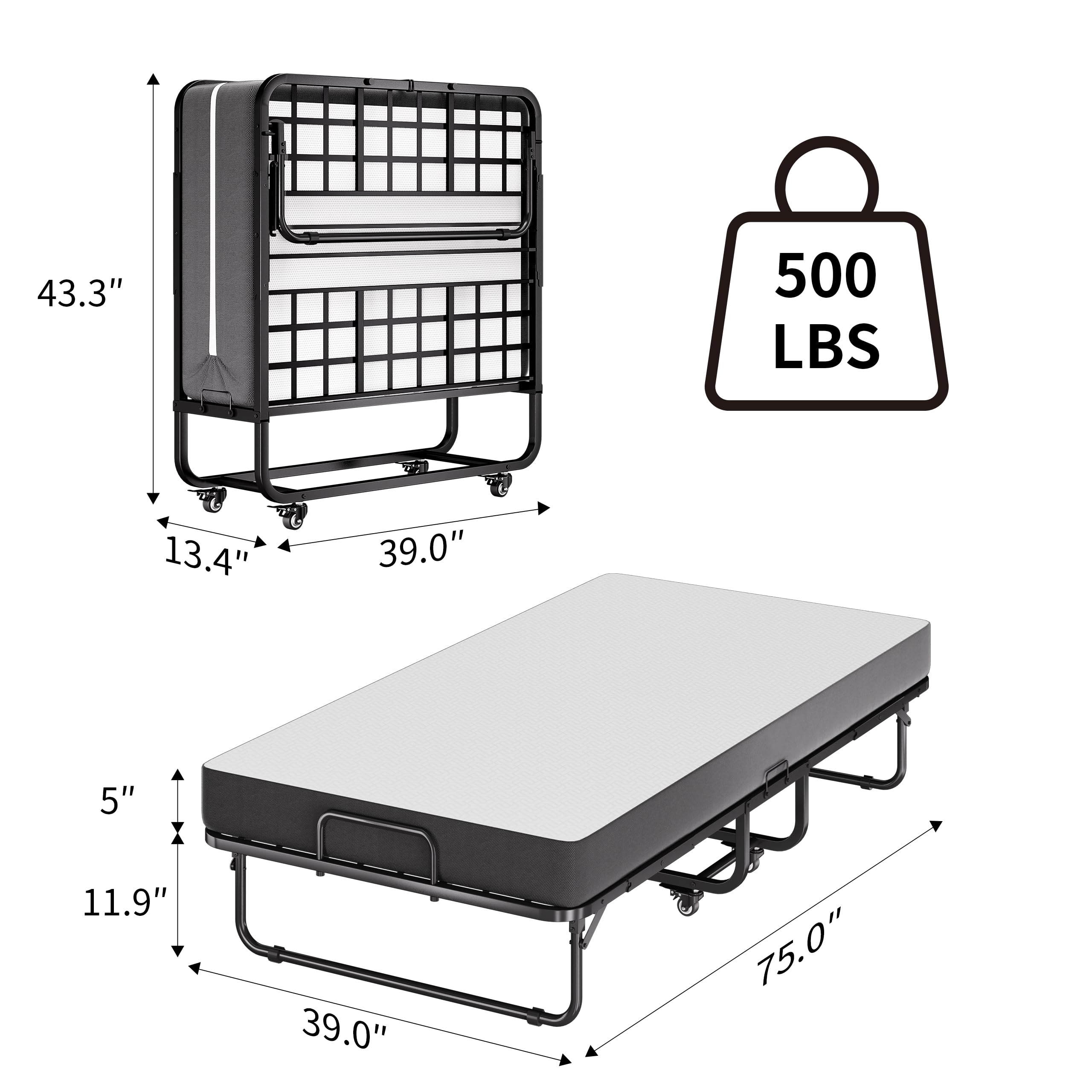 Folding Bed with Mattress 5" Memory Foam, 75" x 39" Portable Foldable Bed for Adults, Twin Rollaway Bed Guest Bed for Bedroom, Office, Camp, Space-Saving, Capacity 500lbs