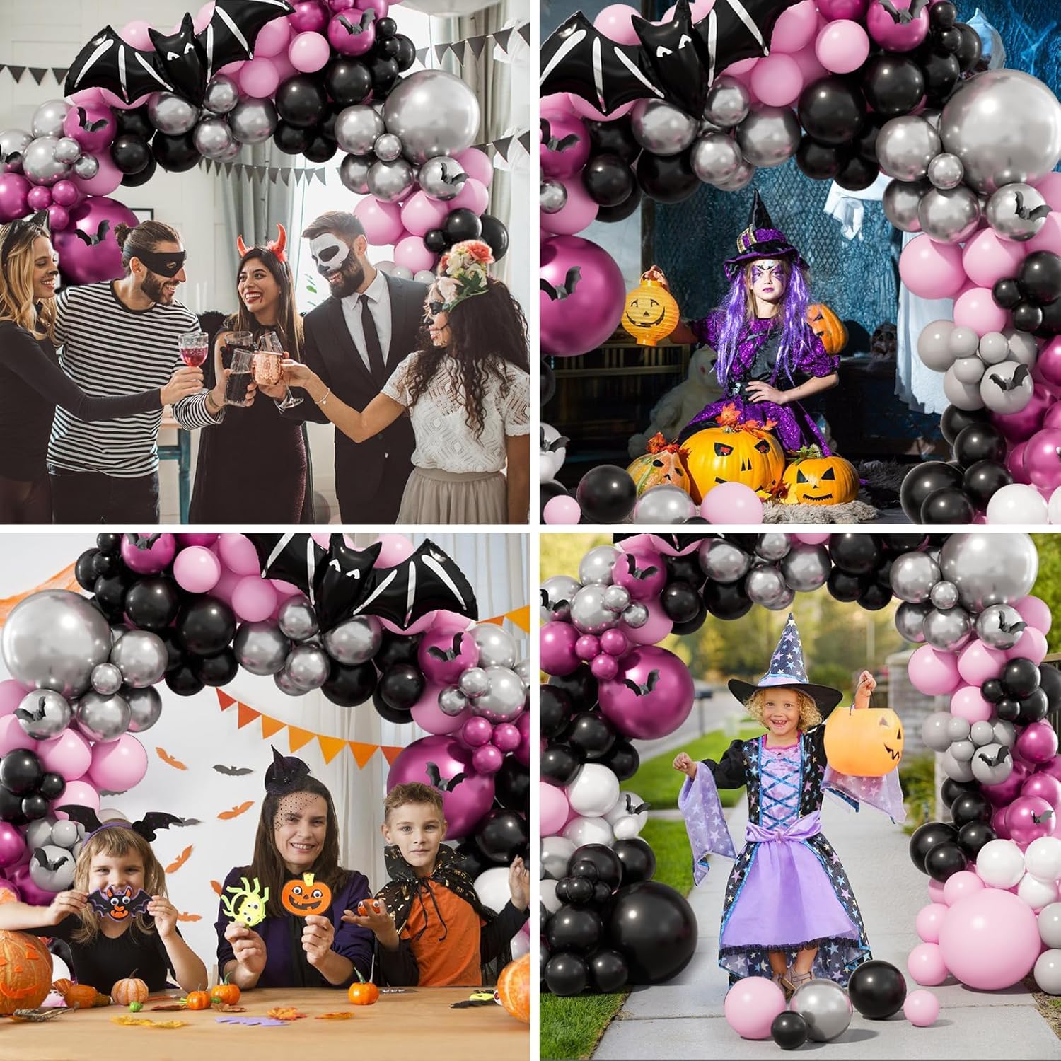 Bonropin 178pcs Pink Halloween Balloon Garland Arch Kit with Black Pink Silver Balloons Ghost Bat Foil Balloons 3D Bat Sticker for Girls Pink Halloween Decoration Birthday Baby Shower Party