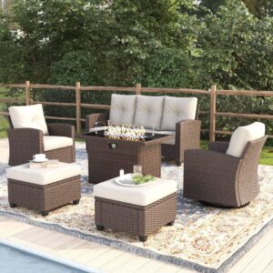 vakollia 6 pieces patio furniture swivel chairs set with fire pit table, outdoor wicker glider rocking chairs with sofa set