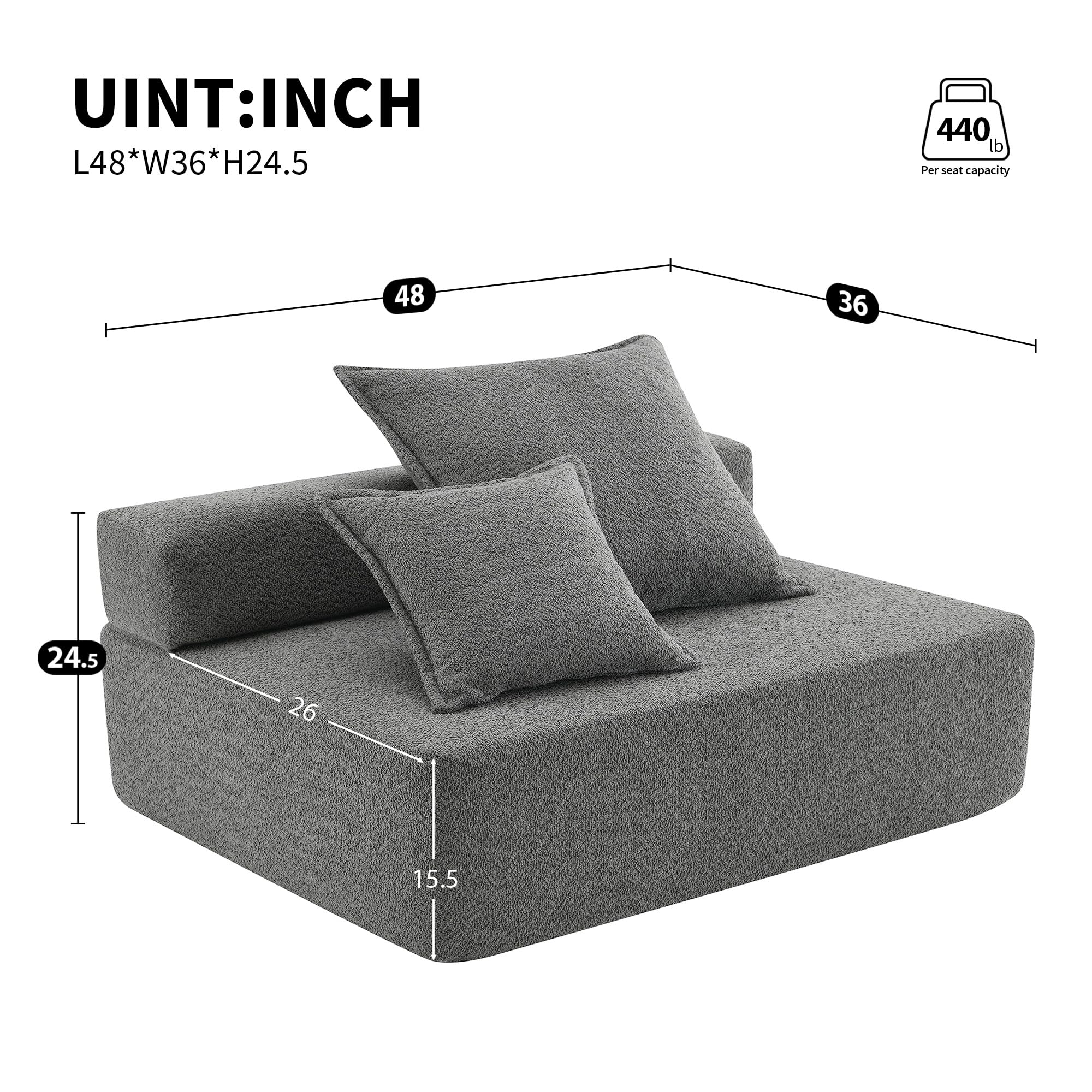 Taikonaut Lounge Frame for Oversized Modular U Shaped Sectional Sofa,Luxury Boucle Floor Couch Set,Convertible Sleeper Couch,Spacious Foam-Filled Sofa Bed for Living Room (L48*W36*H24.5, Gray)