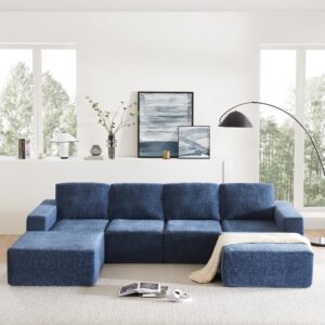 merax 110”oversized sectional sofa with removable ottomans, navy 6 seat u shaped sleeper cloud couch set, living room reversible upholstered sofabed for apartment, no assembly required, blue