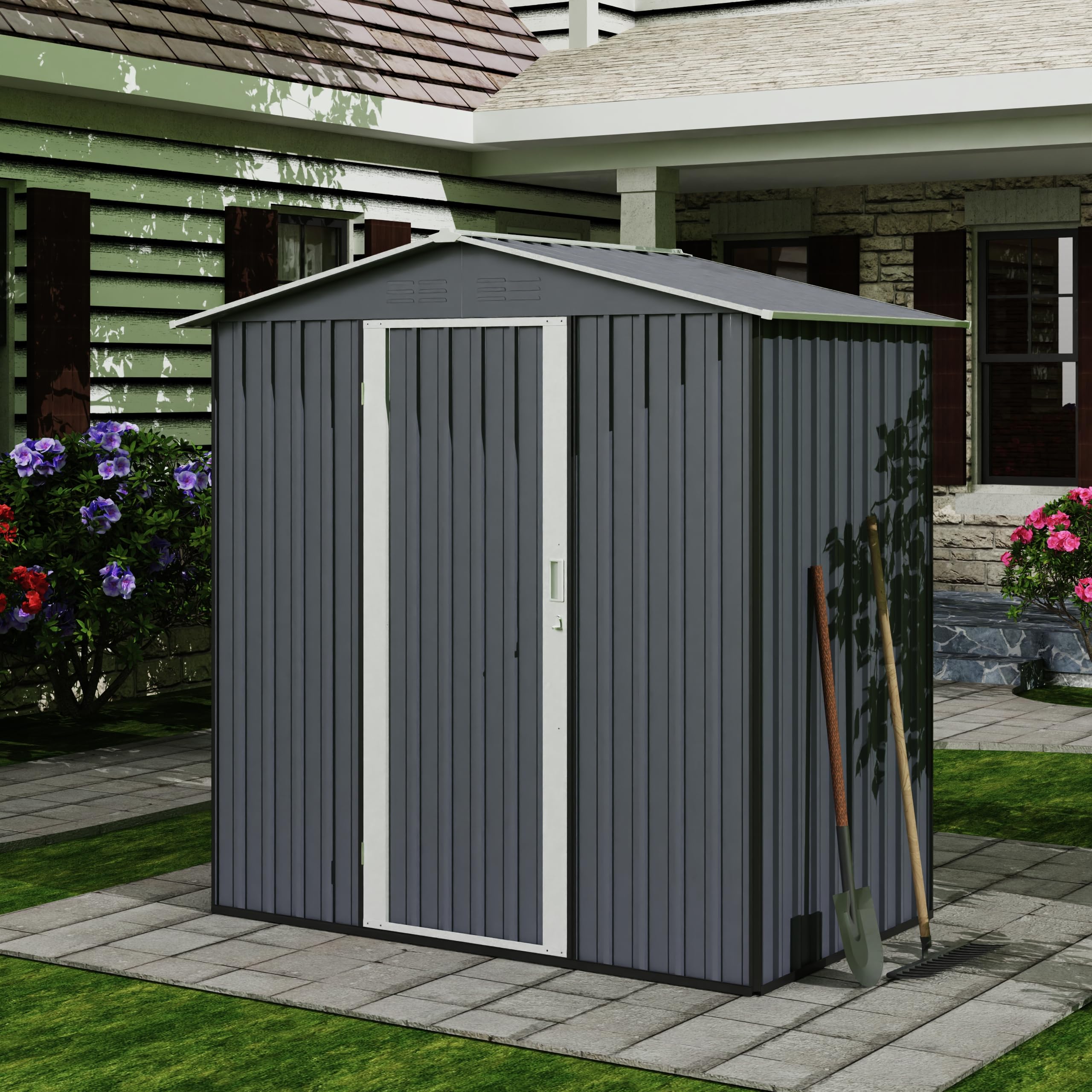 Bathenum 6FT x 4FT Outdoor Storage Shed, Waterproof Metal Tool Sheds, Large Storage Garden Sheds with Lockable Door, Sloping Roof and Vent for Backyard Garden Patio Lawn, Gray