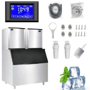 commercial ice maker, 2000 lbs/24h industrial ice maker machine with 1003 lbs ice storage, vertical ice maker machine, air cooled stainless steel ice cube maker for commercial and home use