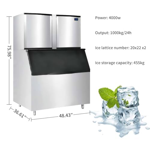 Commercial Ice Maker, 2000 Lbs/24H Industrial Ice Maker Machine with 1003 Lbs Ice Storage, Vertical Ice Maker Machine, Air Cooled Stainless Steel Ice Cube Maker for Commercial and Home Use