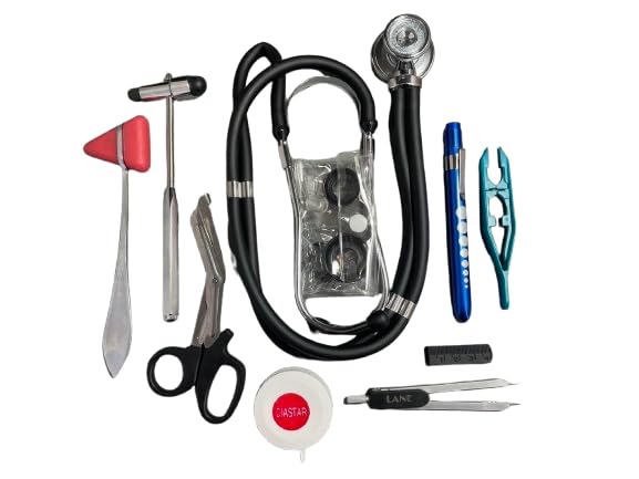 Nursing/Medical Student Kit - Sprague Rappaport Stethoscope, 5 1/2" Shears, Taylor and Buck Neurological Hammers, Metal Penlight, 60" Tape Measure, Tweezers, and EKG Caliper by Lane Instrument