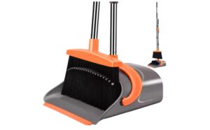 self-cleaning broom and dustpan set, stand up, indoor & outdoor, gray & orange (orange and gray)