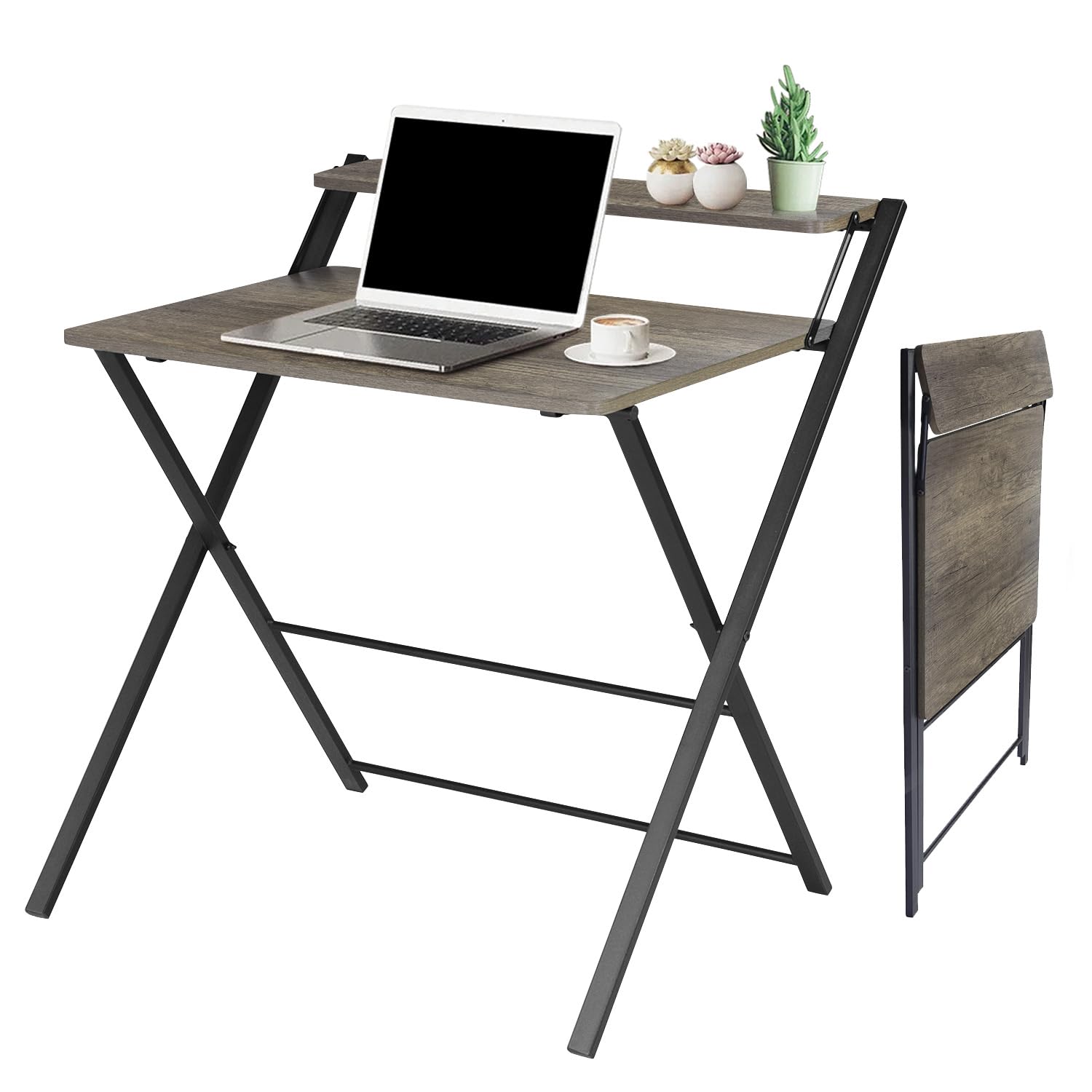 Folding Desk, 31.9 Inch Foldable Writing Table 2 Tier, Computer Desk for Home Office Study, Metal Frames/Wood Table Top, Space Saving, No Assembly Required, Brown