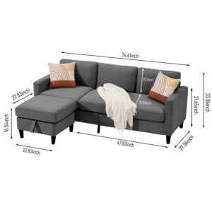 Homnso Modular Couch 3 Seat L Shaped Sofa,Convertible Sectional Sofa Couch with Reversible Chaise for Living Room Apartment,74inch,Dark Grey (L-Shape 3 Seater-Dark Grey)