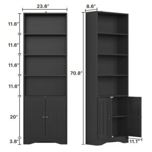 Gizoon Bookcase, Bookshelves and Bookcases, 71” 6-Shelf Bookcase with Doors, Floor Standing Display Storage Shelves, with Adjustable Shelves, for Home, Office, Living Room, Bedroom, Black