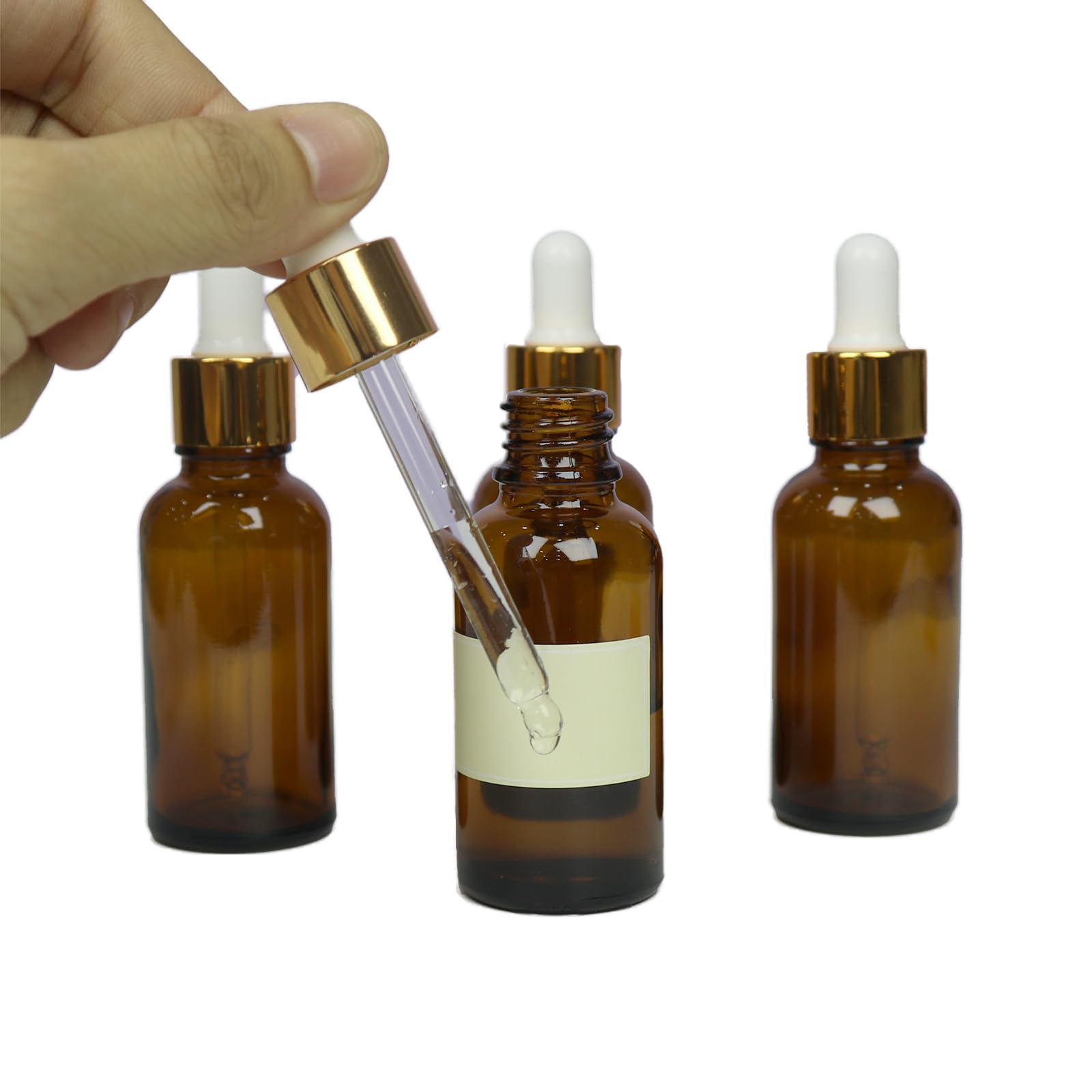 4-piece set, 1-ounce dropper bottle with 2 funnels and label -30ml amber glass tincture bottle with dropper - leak proof essential oil bottle (Amber color,white)