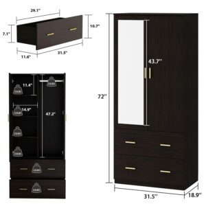 FAMAPY Armoire Wardrobe with Mirror & 2 Drawers, 2-Door Wardrobe with Shelves & Hanging Rod, Gold Metal Handles, for Cloakroom Black-Brown (31.5”W x 18.9”D x 72”H)