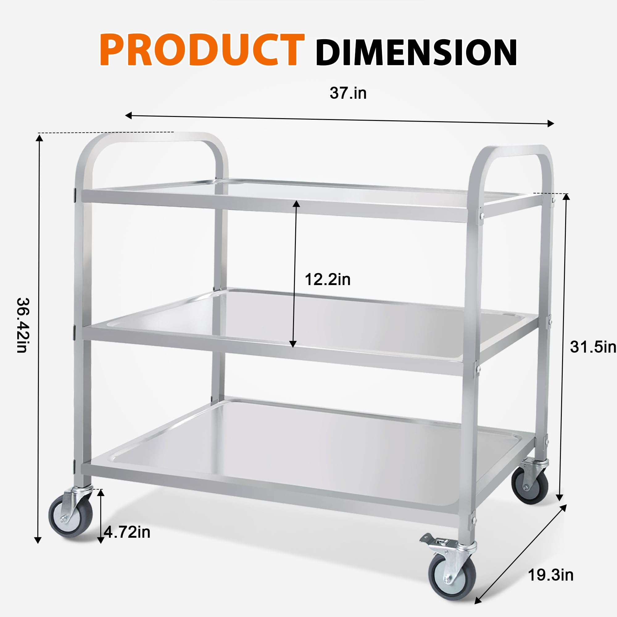 3-Tier Large Stainless Steel Cart,37x19.3x37'' Serving Cart with Wheels Utility Service Trolley 360°Rotation Storage Cart with Locking Wheels Rolling Kitchen Food Cart (37" H x 19.3" W x 37''L)