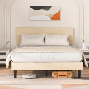 flolinda queen size bed frame with fabric upholstered headboard, queen bed frame with wooden slats support, fully upholstered mattress foundation, no box spring needed, easy assembly, beige