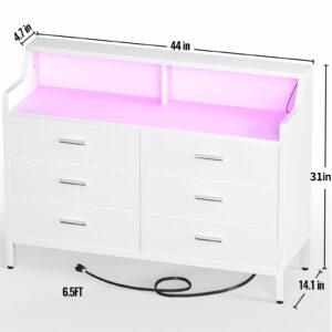 Hyomdeck 6 Drawer Dresser for Bedroom, Wooden Chest of Drawers with Power Outlets and Smart LED Light, Sturdy Modern Bedroom Furniture, Wide Storage Dresser for Living Room, Closet, Entryway, White