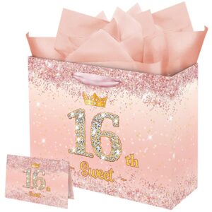 vichona rose gold 16 & sweet 16th birthday gift bag for girls, sweet 16th birthday gifts decorations for girls, 16 years old birthday gift bag card for daughter granddaughter friends