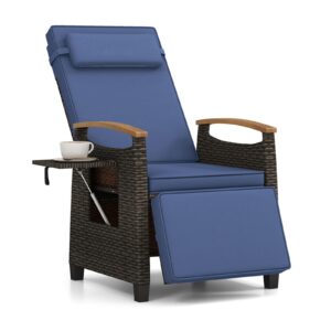 relax4life rattan outdoor recliner chair - wicker chaise lounge chair w/adjustable back & footrest, acacia wood armrests, flip side table, cushion, reclining patio chair for pool yard (1, navy)