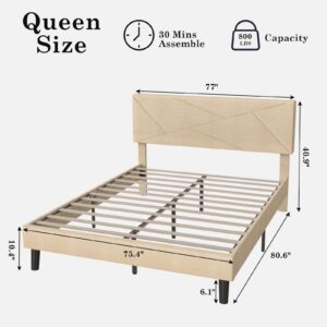 Flolinda Queen Size Bed Frame with Fabric Upholstered Headboard, Queen Bed Frame with Wooden Slats Support, Fully Upholstered Mattress Foundation, No Box Spring Needed, Easy Assembly, Beige