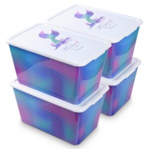 simplykleen 4-packs 58-qt plastic storage bins with rainbow mermaid print lids, stackable storage container, large storage totes for organizing closet, kitchen, made in the usa