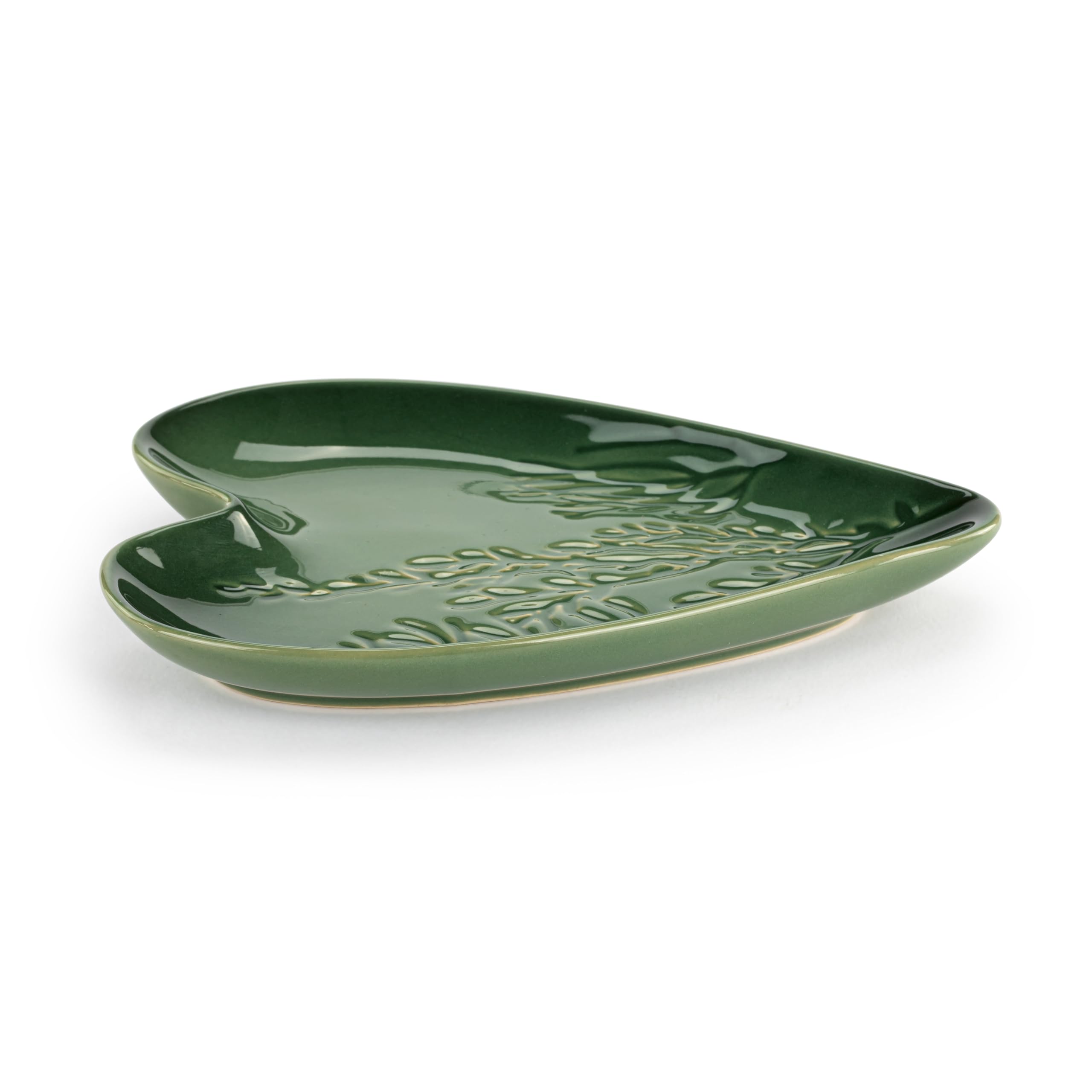 DEMDACO Pressed Floral Design - 6.5 x 4.5 Inch Pine Green Stoneware Heart Shaped Kitchen Utensil Spoon Rest