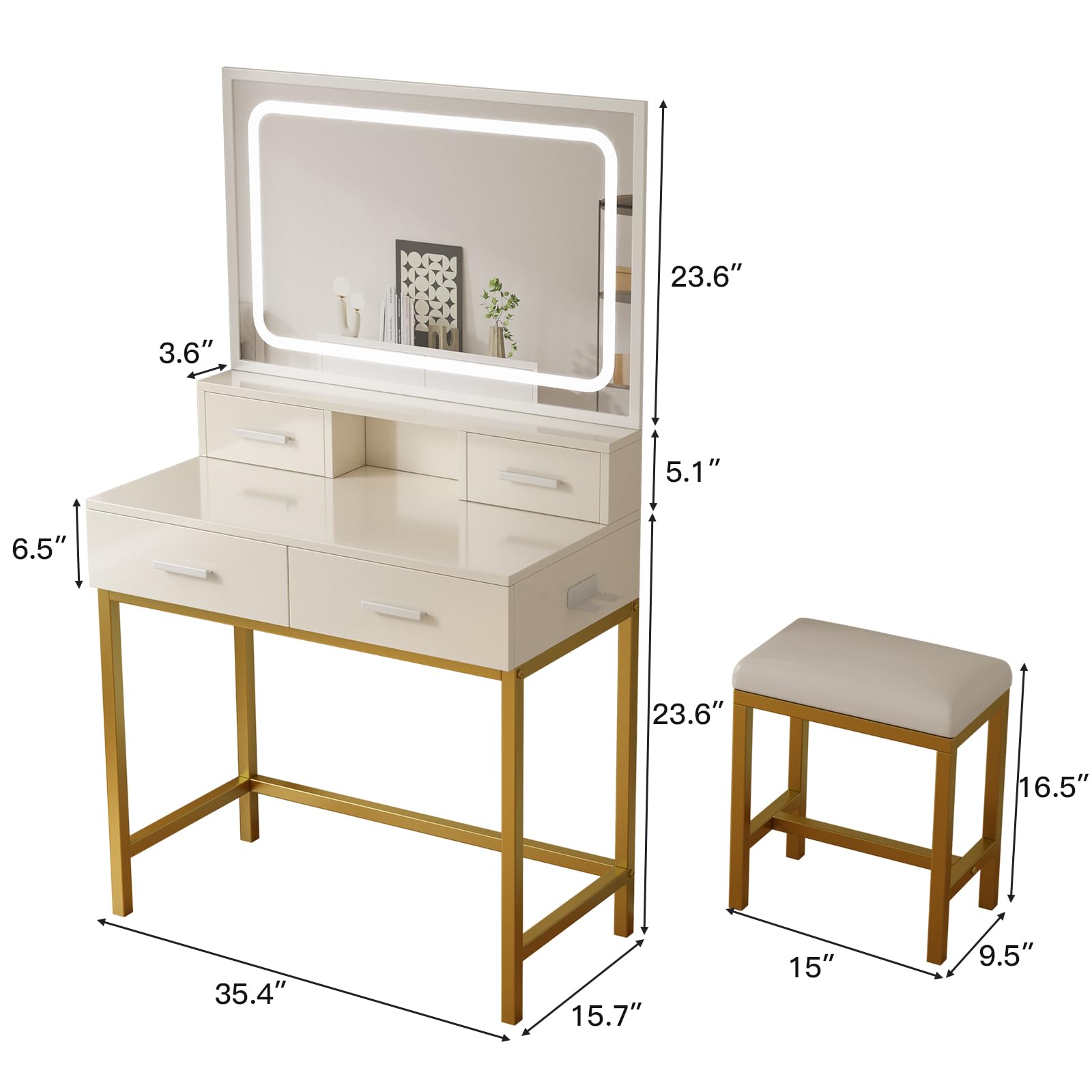 Makeup Vanity with Mirror and Lights, Vanity Desk Table with 2 Drawers, Extra Storage Boxes and Hairdryer Holder, 3 Color Modes Available, Vanity Desk with Chair Set for Bedroom, White