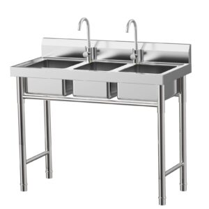 3-compartment sink, 304 stainless steel utility sink outdoor sink freestanding utility sink with 2 hot & cold faucet commercial triple bowl kitchen sink for bar kitchen each sink 11"l x 9"w x 7"h