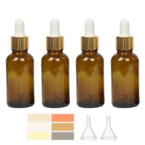 4-piece set, 1-ounce dropper bottle with 2 funnels and label -30ml amber glass tincture bottle with dropper - leak proof essential oil bottle (amber color,white)