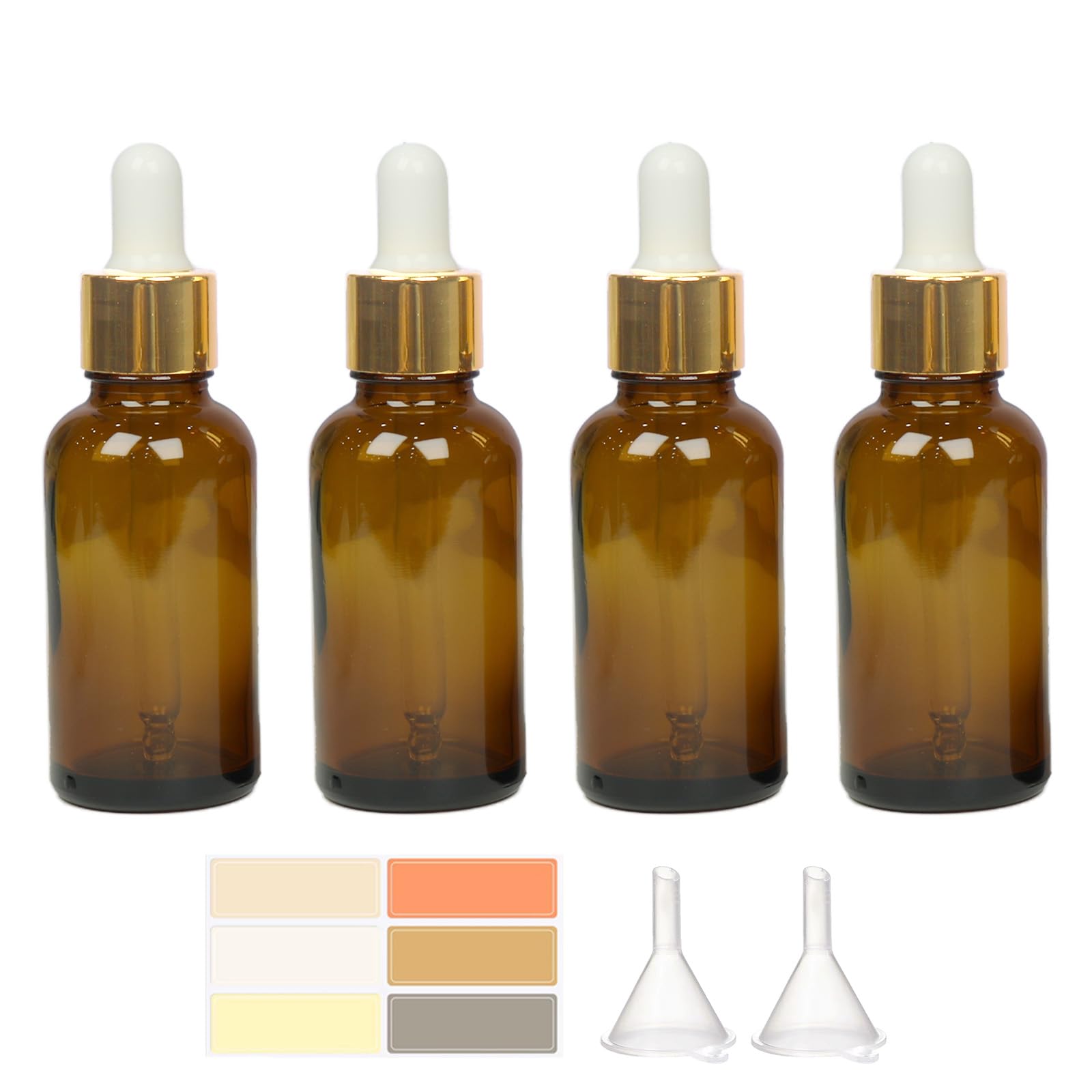 4-piece set, 1-ounce dropper bottle with 2 funnels and label -30ml amber glass tincture bottle with dropper - leak proof essential oil bottle (Amber color,white)