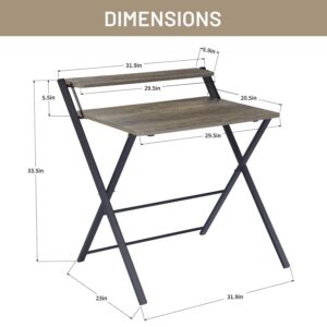 Folding Desk, 31.9 Inch Foldable Writing Table 2 Tier, Computer Desk for Home Office Study, Metal Frames/Wood Table Top, Space Saving, No Assembly Required, Brown