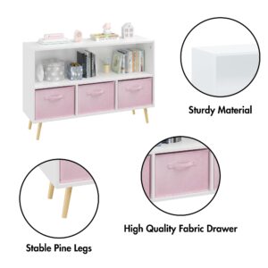 ciaociao Bookcase, Kid's Cubby Toy Storage Cabinet, Toy Storage Cabinet with Collapsible Fabric Drawers for Organizing Toys and Books in Playroom, Nursery or Bedroom (White+Pink)